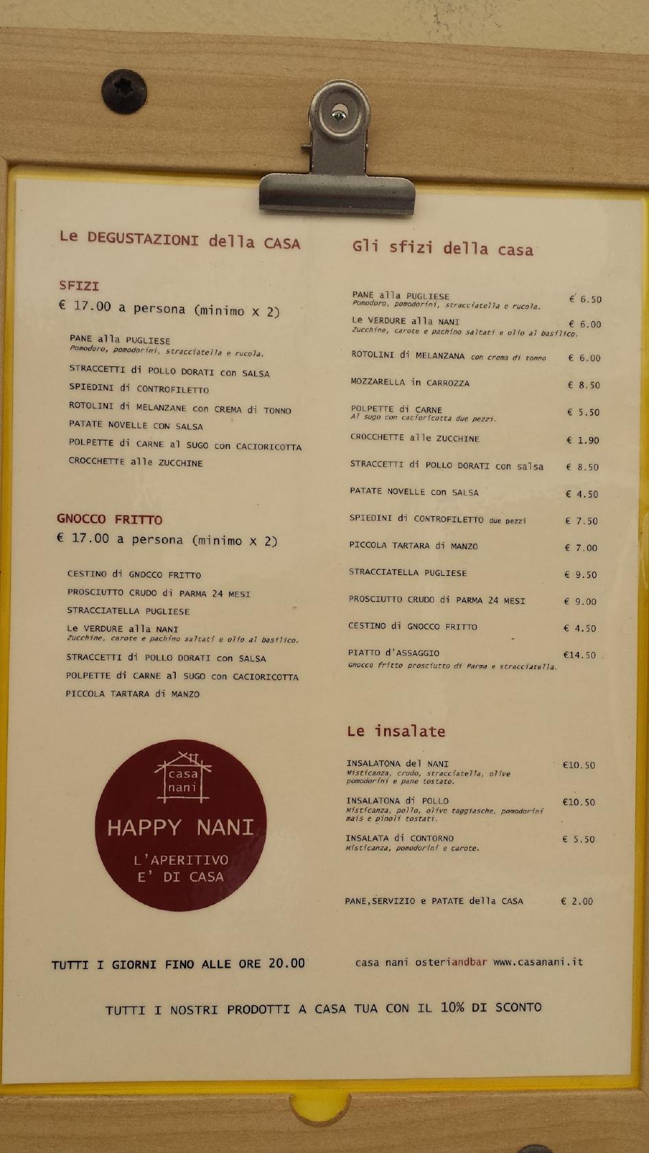 Menu at Casa Nani restaurant, Brescia, Via Antiche Mura