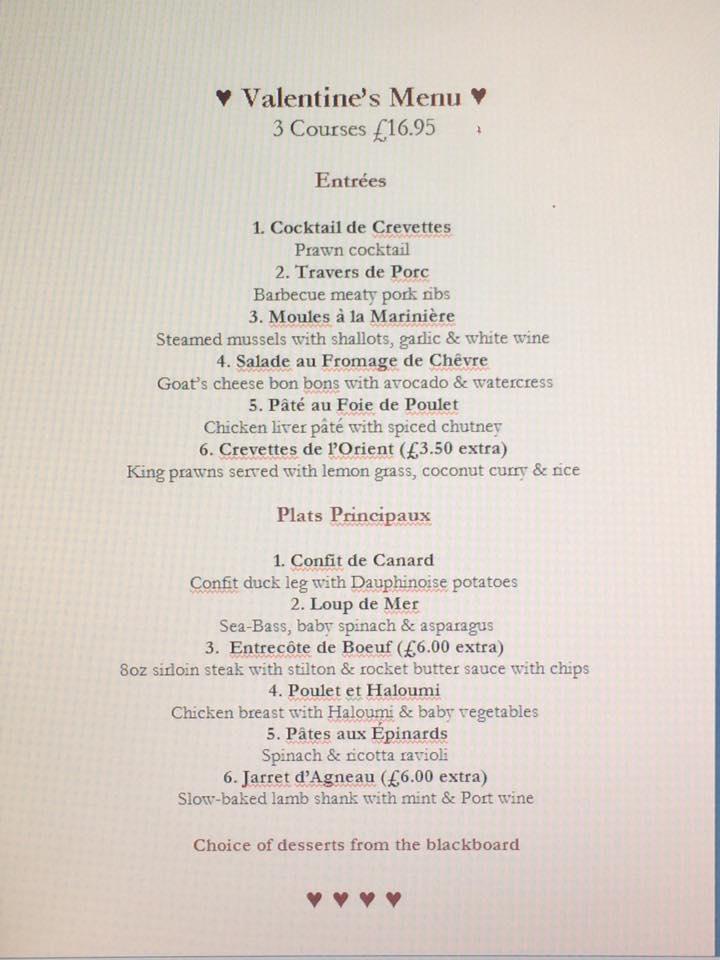 Menu at Chez Moi restaurant, Southport