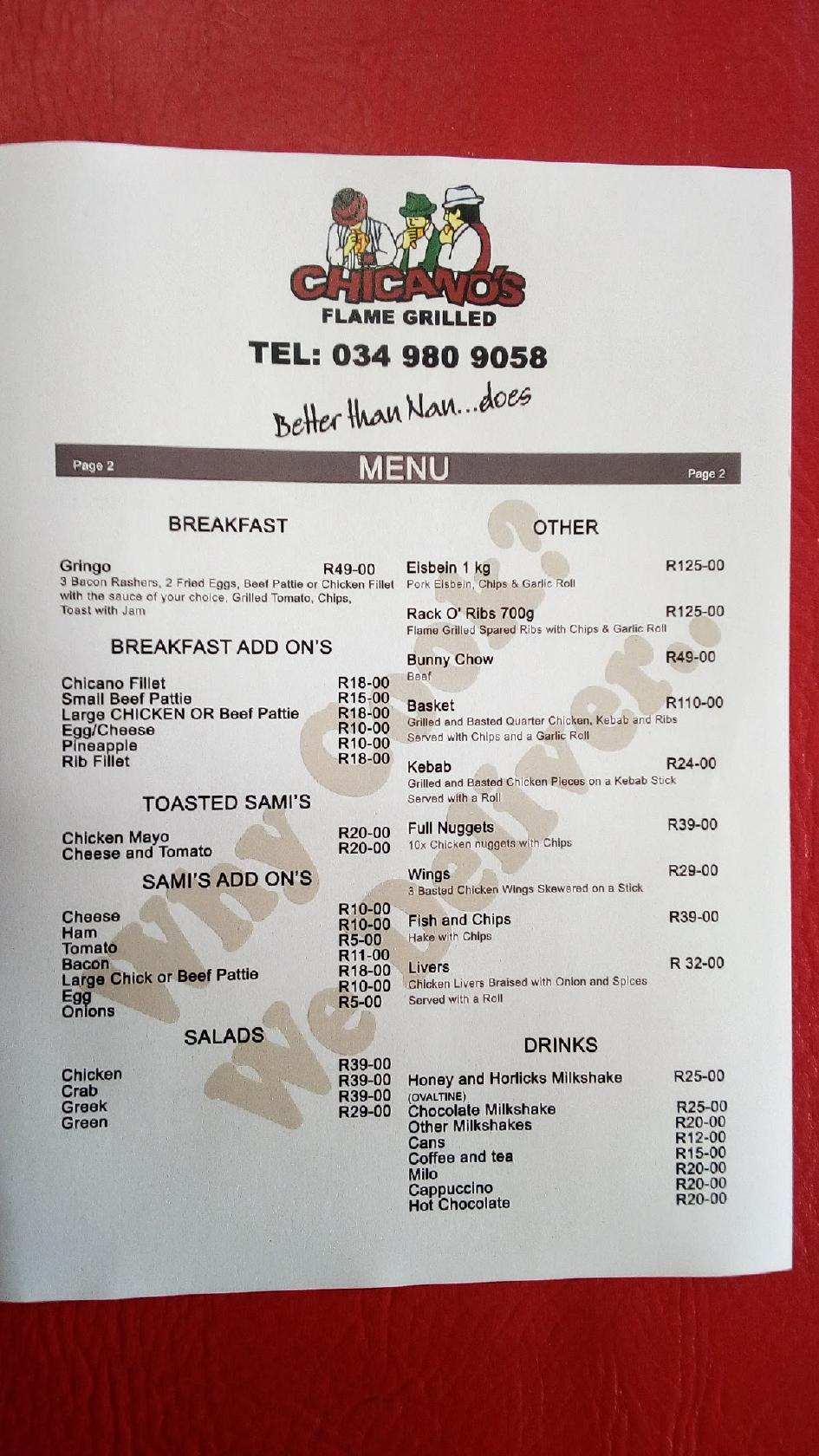 Menu at Chicano's Vryheid restaurant, Vryheid