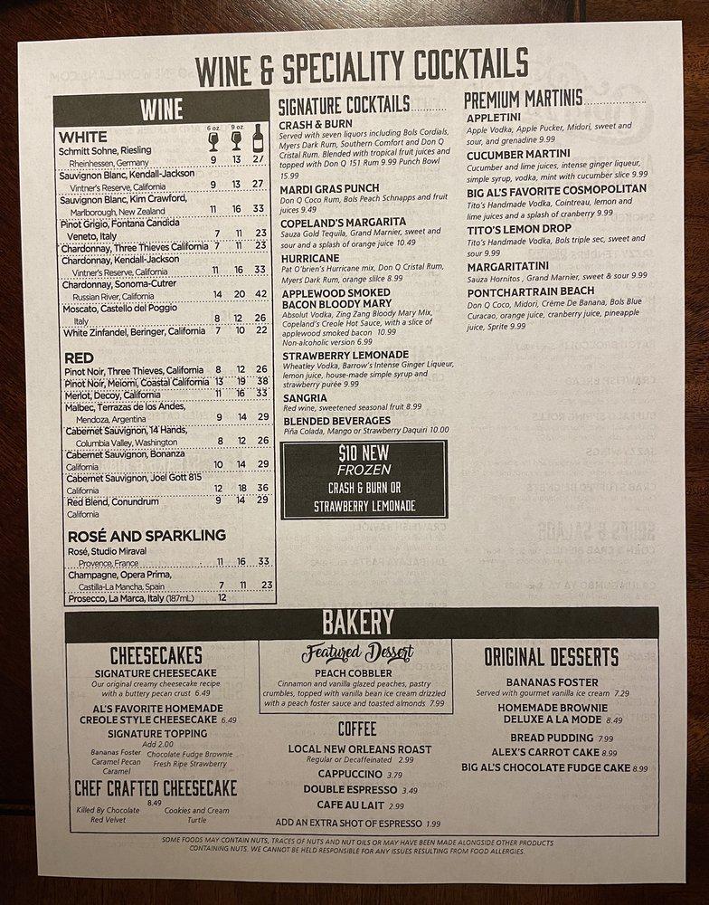 Menu at Copeland's of New Orleans steakhouse, Houma