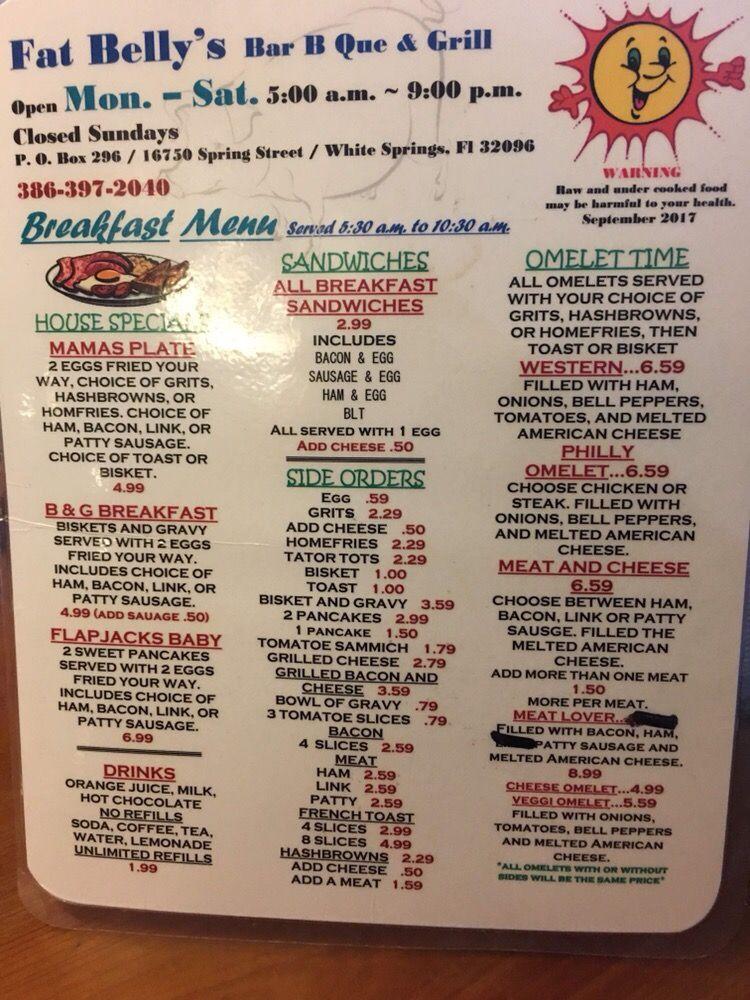 Menu at Fat Belly's BBQ, White Springs
