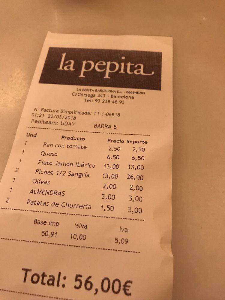 Menu at La Pepita pub & bar, Barcelona, C/ de Còrsega