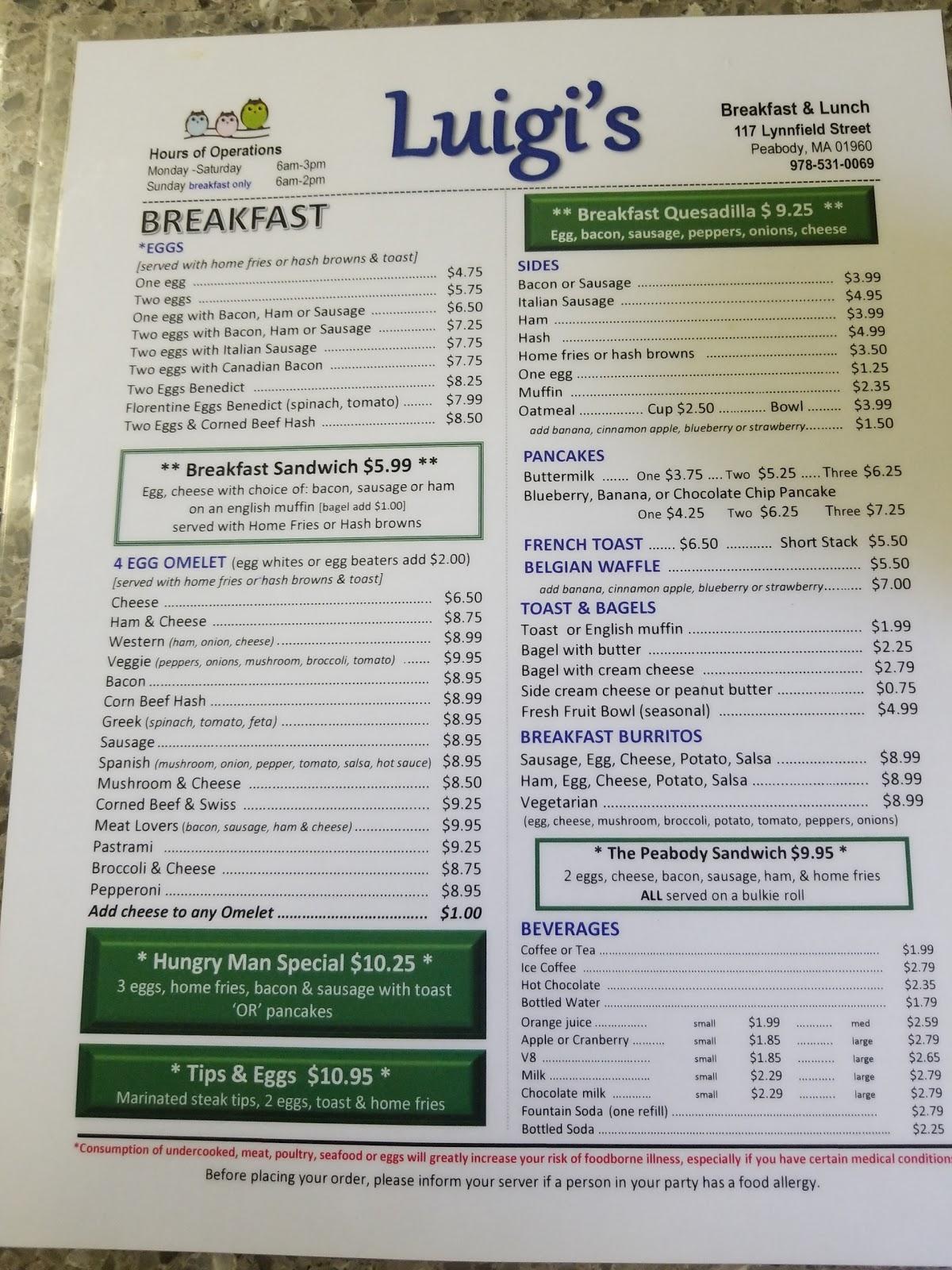 Menu at Luigi's - Breakfast, Lunch, Ice Cream: Peabody MA restaurant ...
