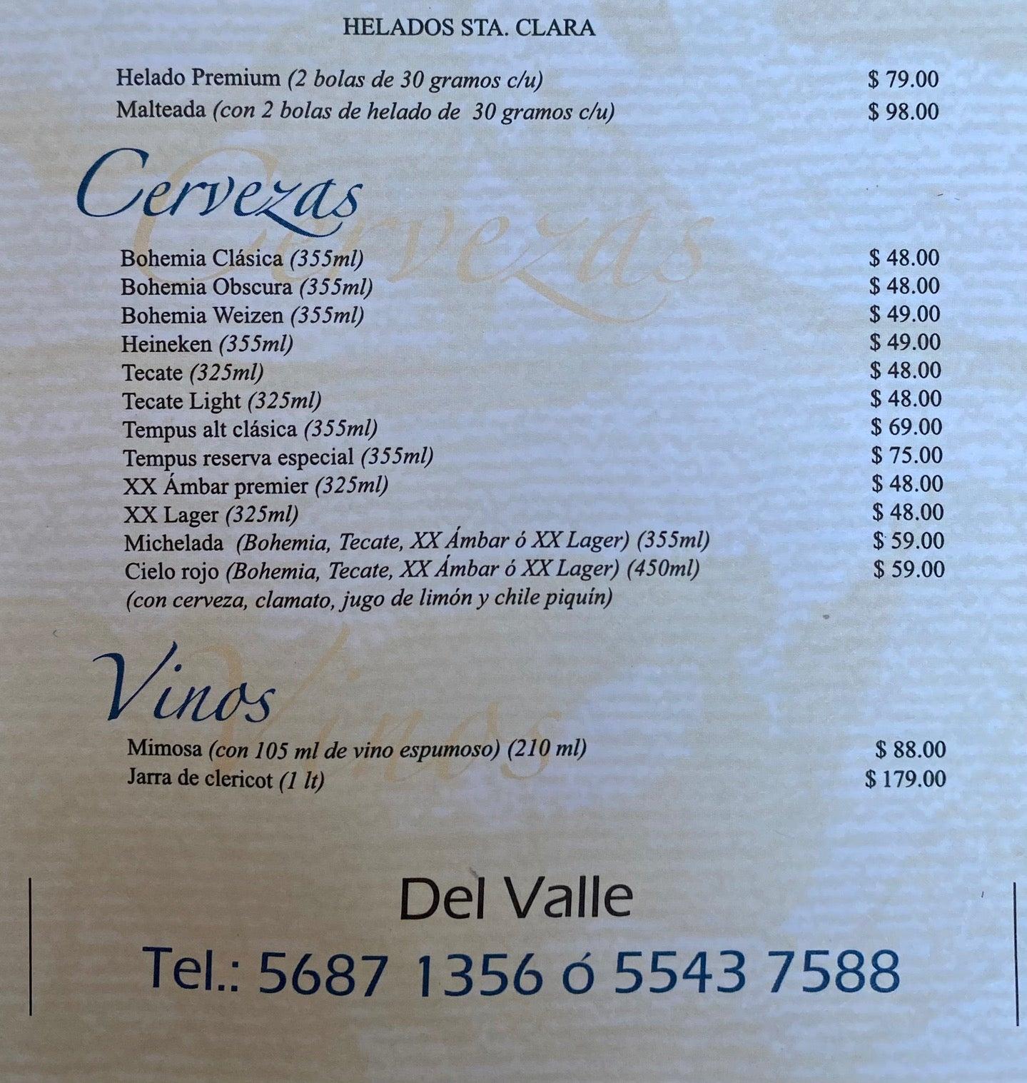 Carta del restaurante Matisse Del Valle, Ciudad del México, Eugenia 111