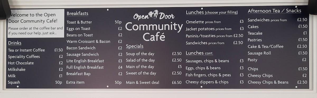 Menu at Open Door Exmouth, Exmouth