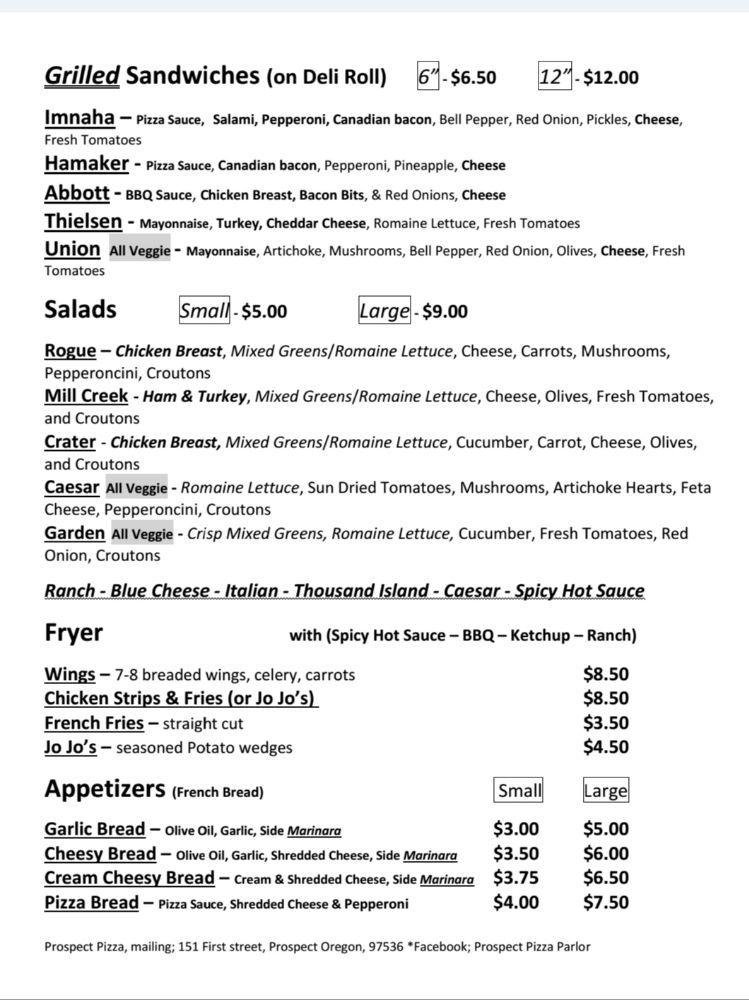 Menu at Prospect Pizza Company pub & bar, Prospect