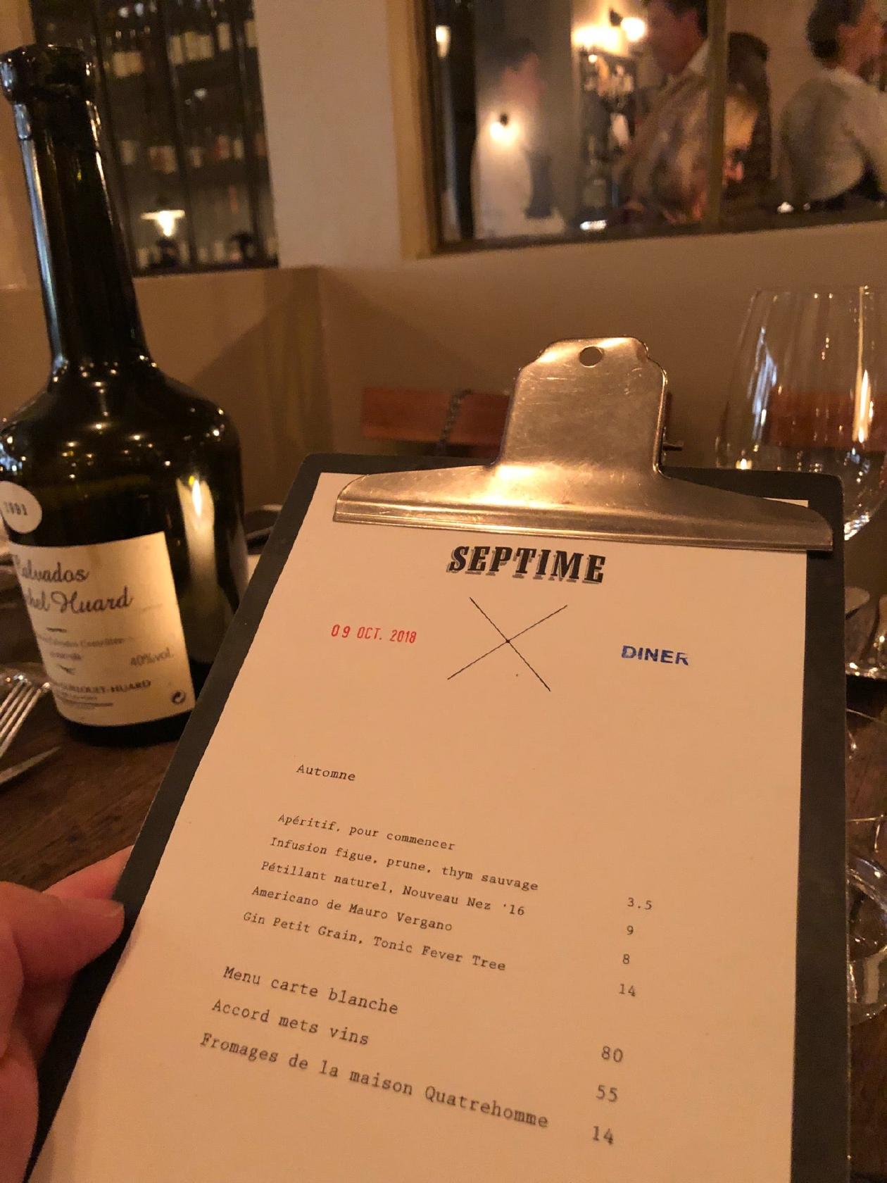 Menu at Septime restaurant, Paris, 80 Rue de Charonne