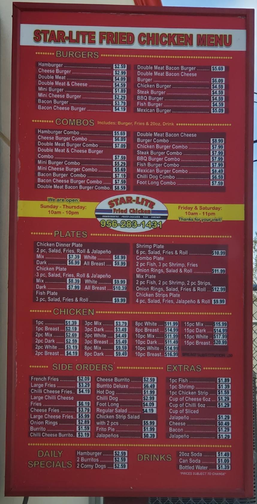 Menu at Star-Lite Fried Chicken restaurant, San Juan