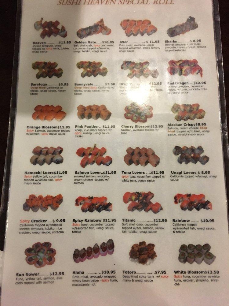 Menu at Sushi Heaven restaurant, Saratoga