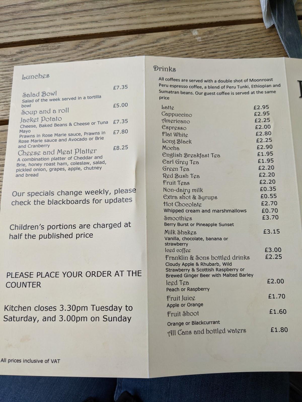 Menu at The Bumblebee Cafe, Rowlands Castle