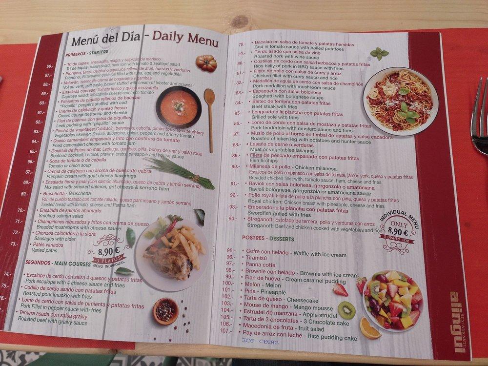 Menu at Alingui restaurant, Torrevieja, LOS BALCONES