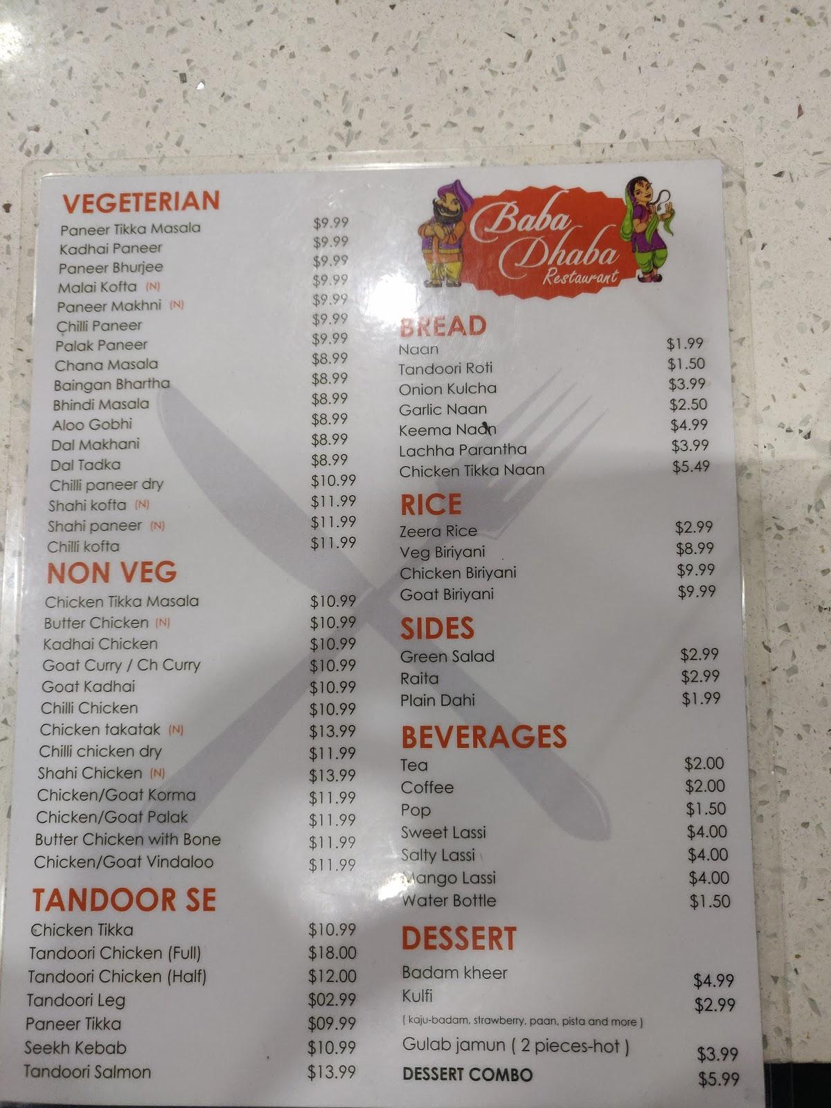 Menu at Baba Dhaba restaurant, Brampton, 255 Rutherford Rd S