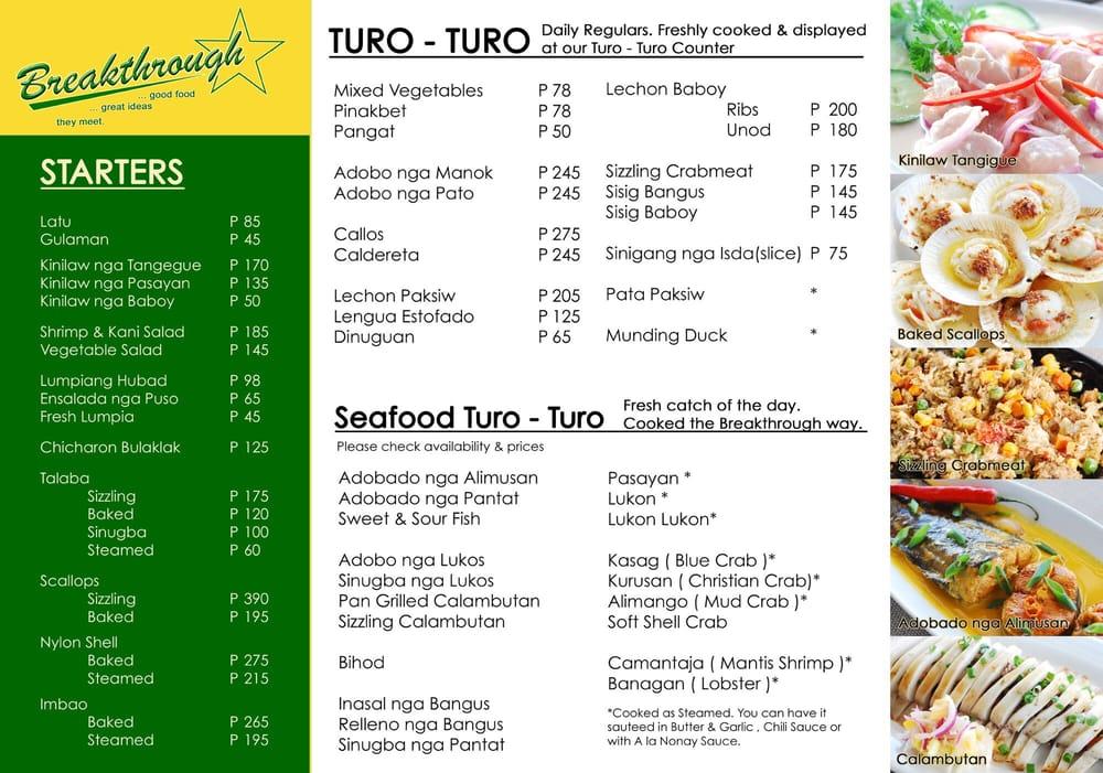 Menu at Breakthrough Restaurant, Iloilo City, MGH8+WWQ