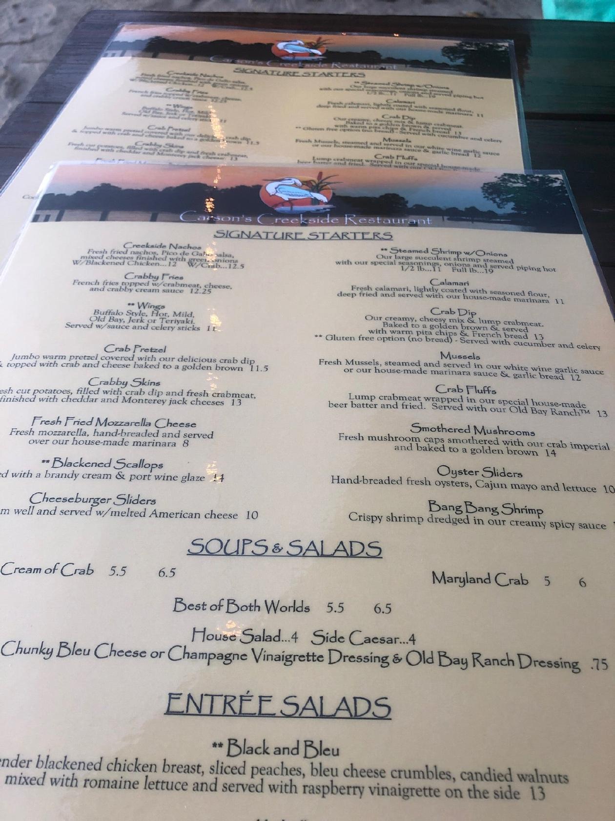Menu at Carson's Creekside Restaurant, Middle River