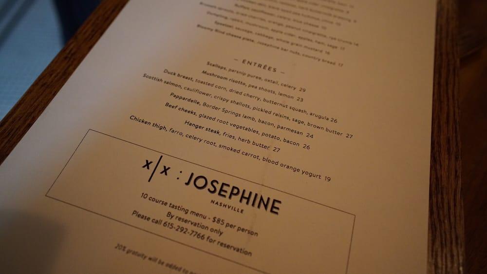 Menu at Josephine restaurant, Nashville