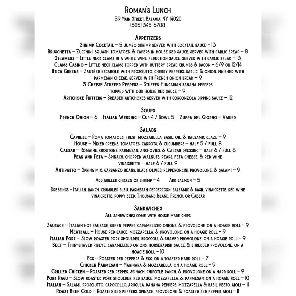 Menu at Roman's pizzeria, Batavia