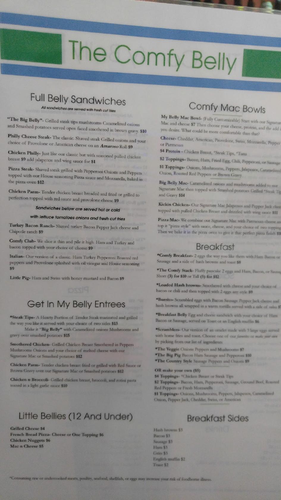 Menu at The Comfy Belly pub & bar, Virginia Beach