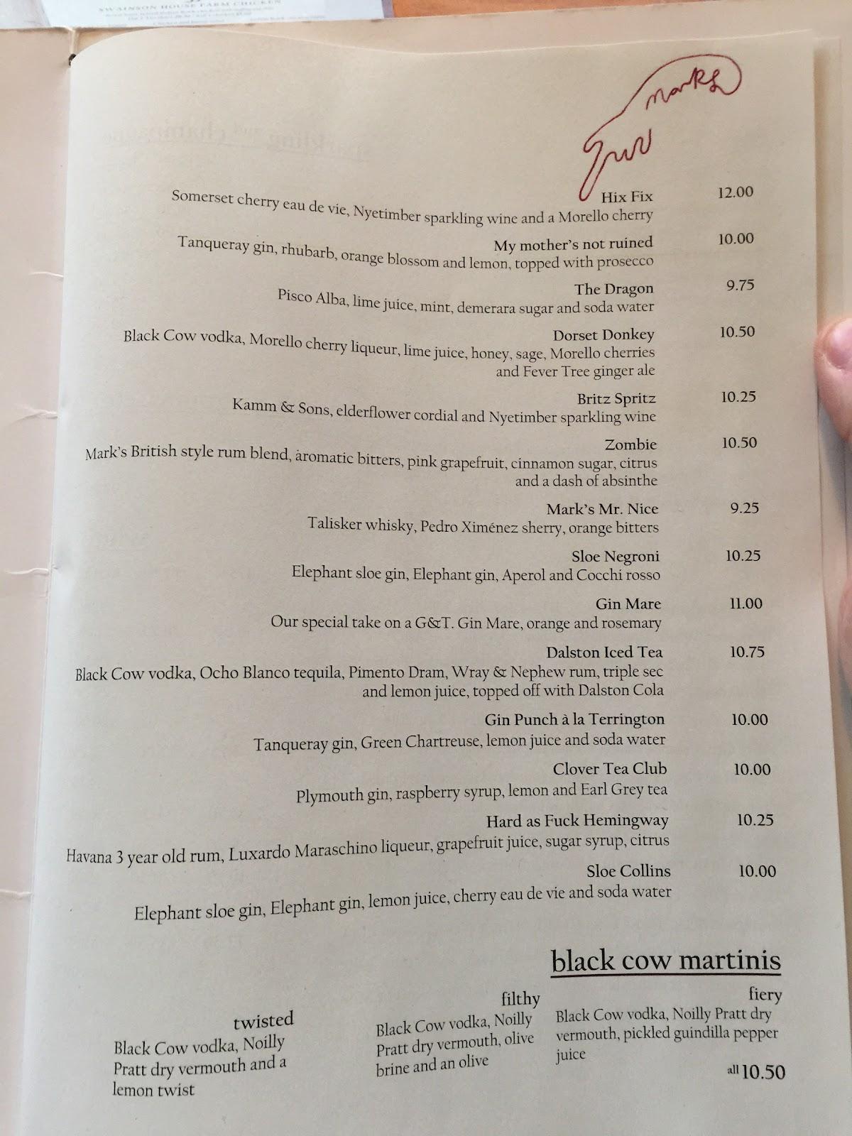 Menu at The Tramshed Project restaurant, London