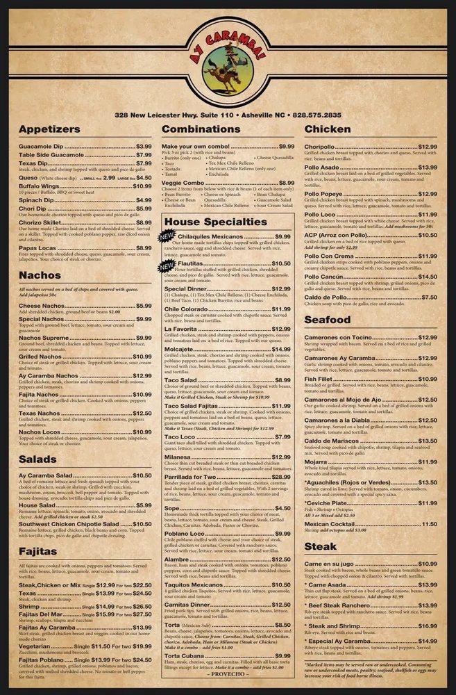 Menu at Ay Caramba Mexican Grill & Bar, Asheville, 328 New Leicester ...