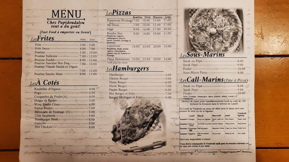 Menu at Chez Papidoudalou restaurant, Canada