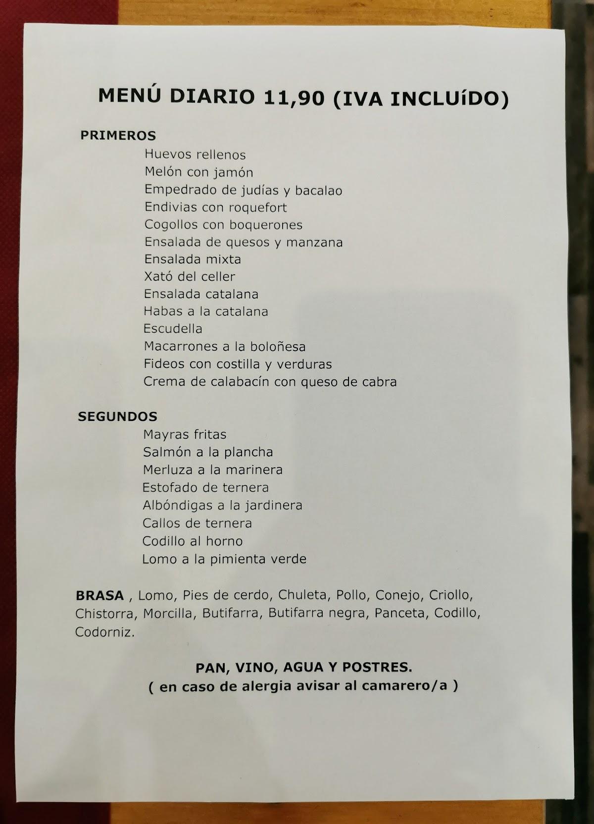Carta del restaurante El Celler d'Ordal, Ordal
