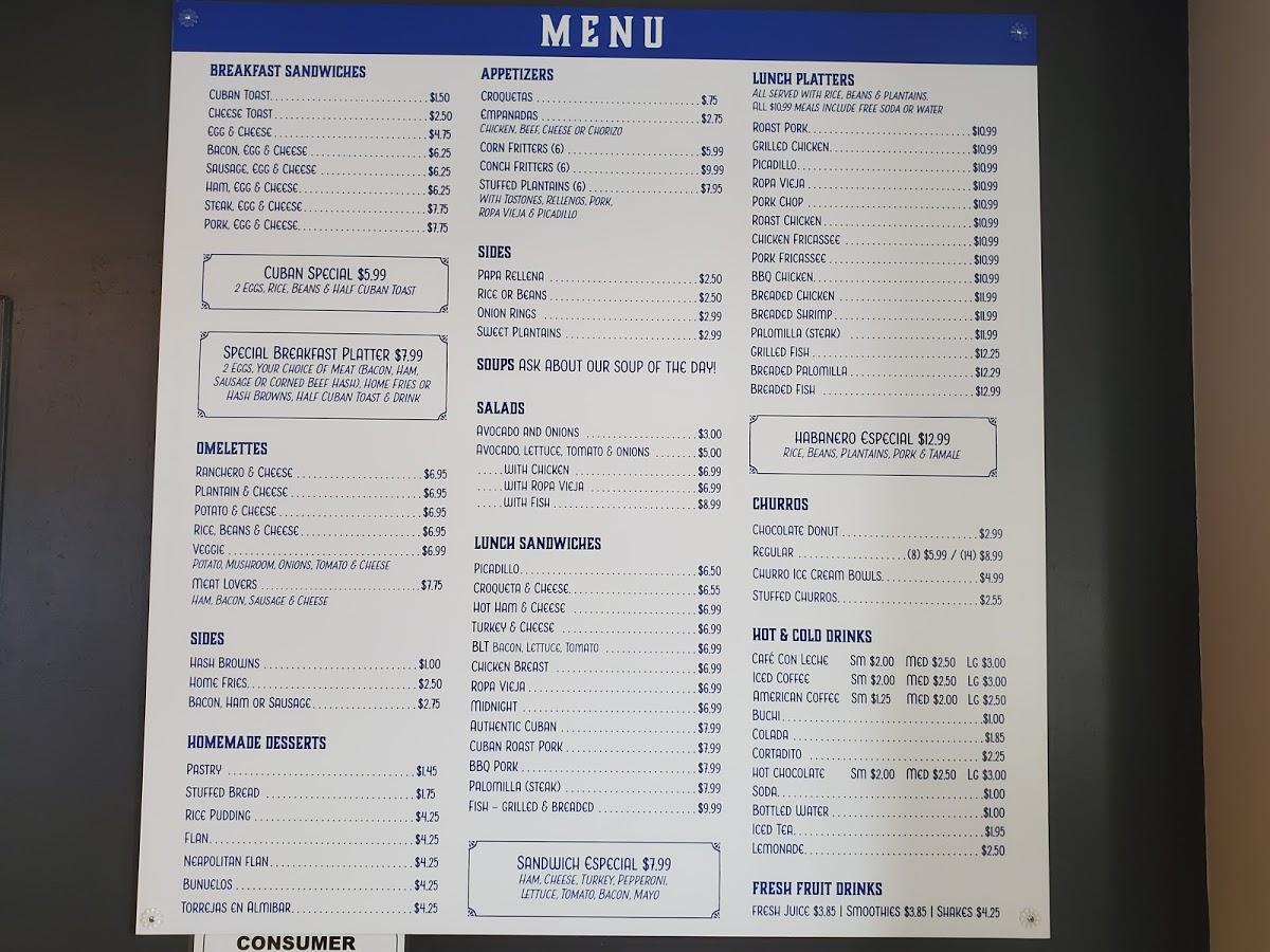 Menu at El Habanero Cafe Cubano, Key West