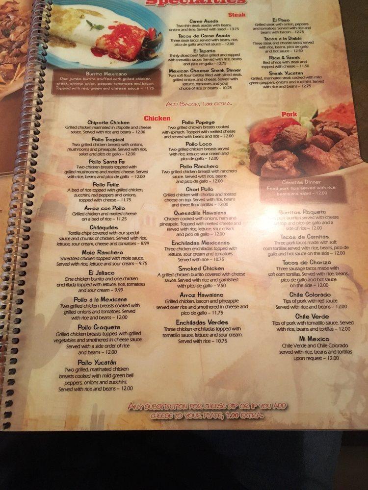 Menu at El Rio Méxican Grill restaurant, Roanoke