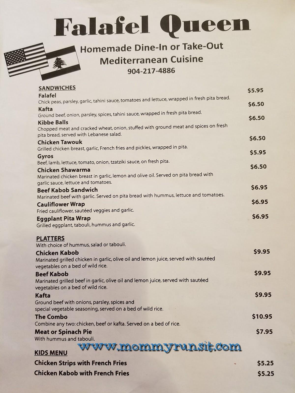 Menu at Falafel Queen restaurant, St. Augustine