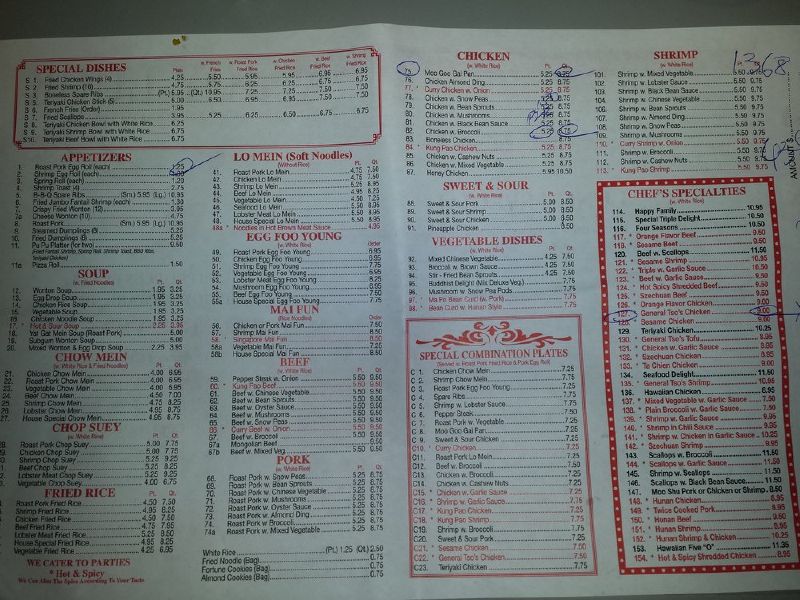 Menu at Joy Luck restaurant, Bear