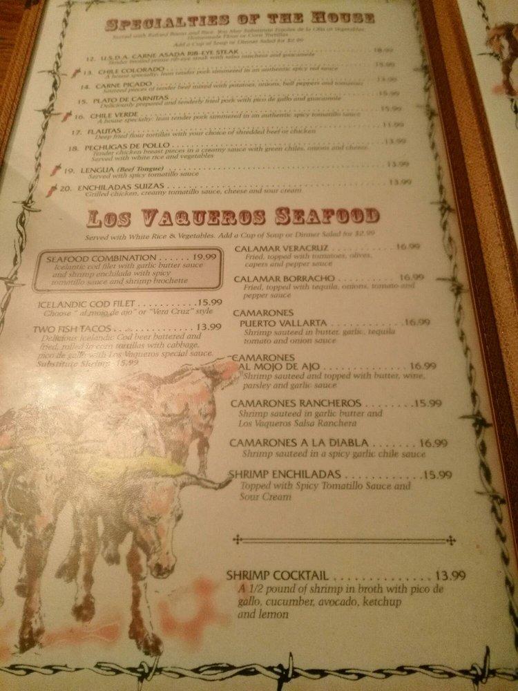 Menu at Los Vaquero's Mexican Grill restaurant, Hemet