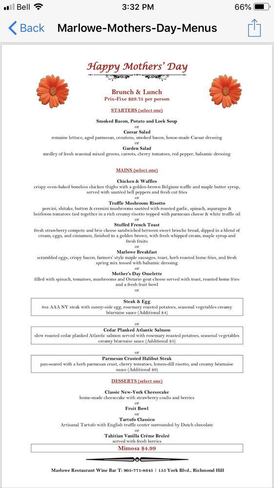 Menu at Marlowe Restaurant & Bar, Richmond Hill