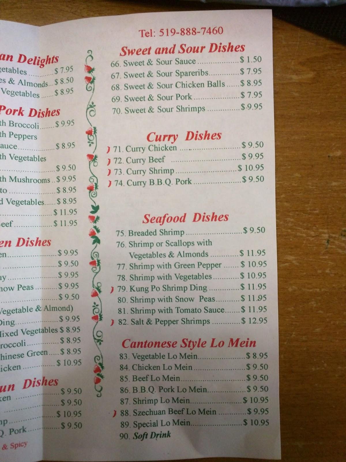 Menu at Ming's Chinese Restaurant, Waterloo