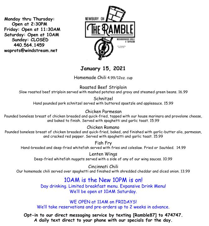 Menu at Ramble Inn restaurant, South Russell