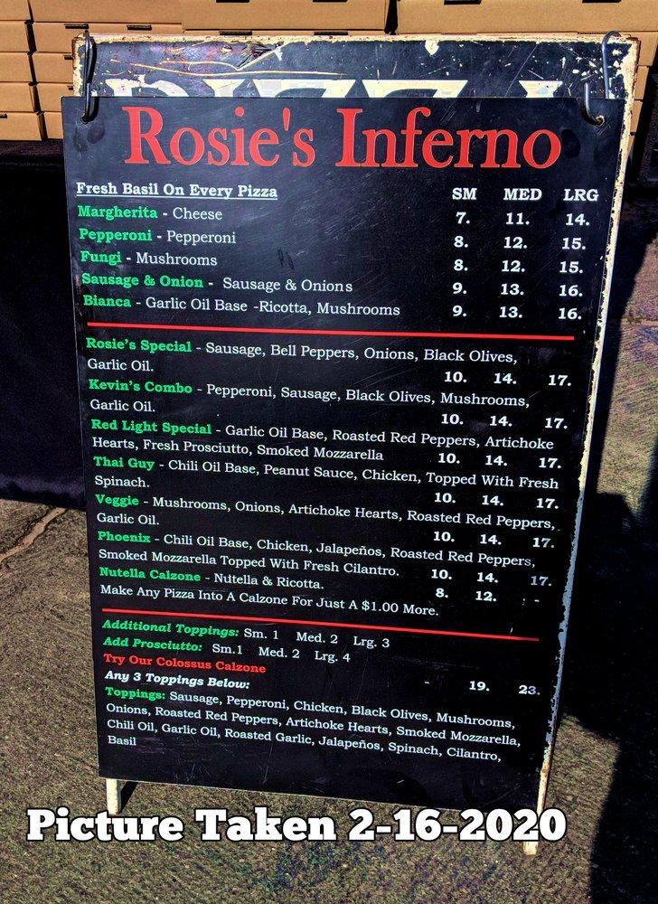Menu at Rosie's Inferno Pizza pizzeria, Cave Junction