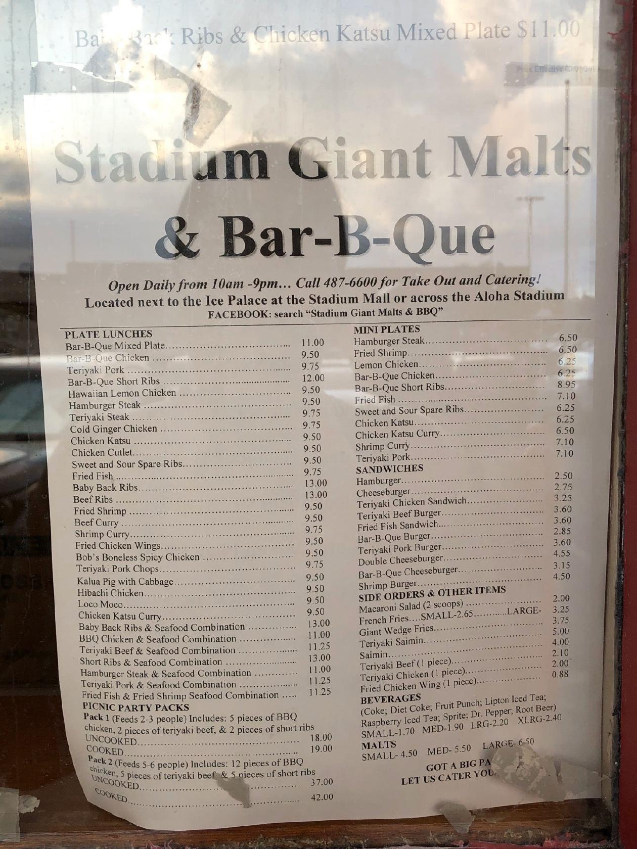 Menu at Stadium Giant Malts & Bar-B-Que, Honolulu