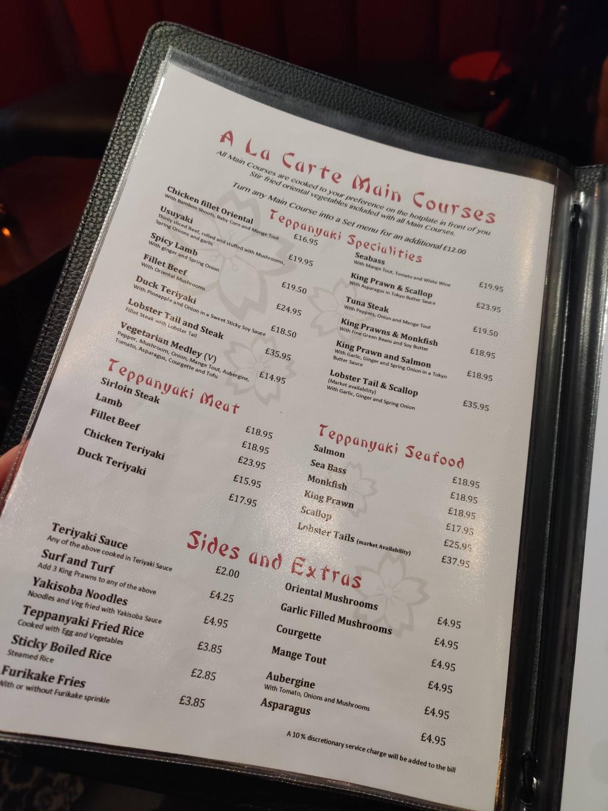 Menu at Teppanyaki restaurant, Leeds