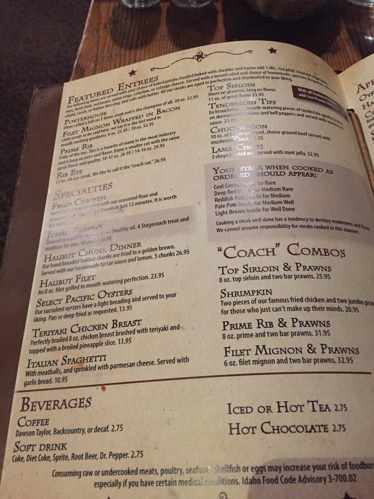 Menu at The Stagecoach Inn steakhouse, Garden City