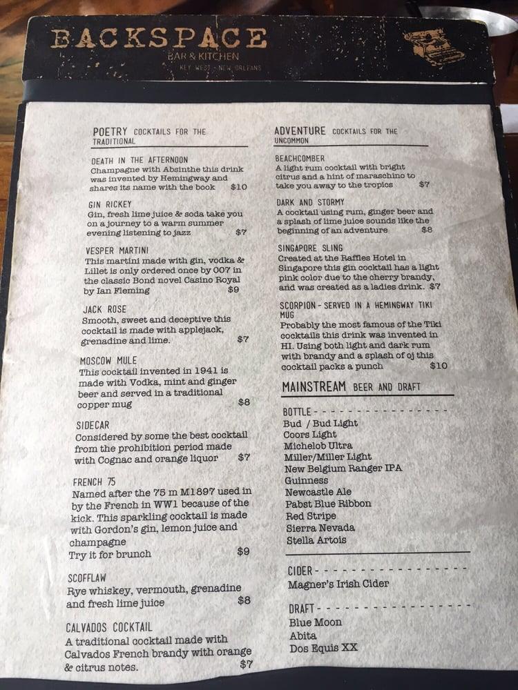 Menu at Backspace Bar & Kitchen, New Orleans