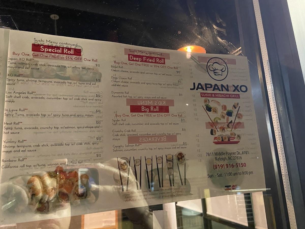 Menu at Japan XO restaurant, Raleigh