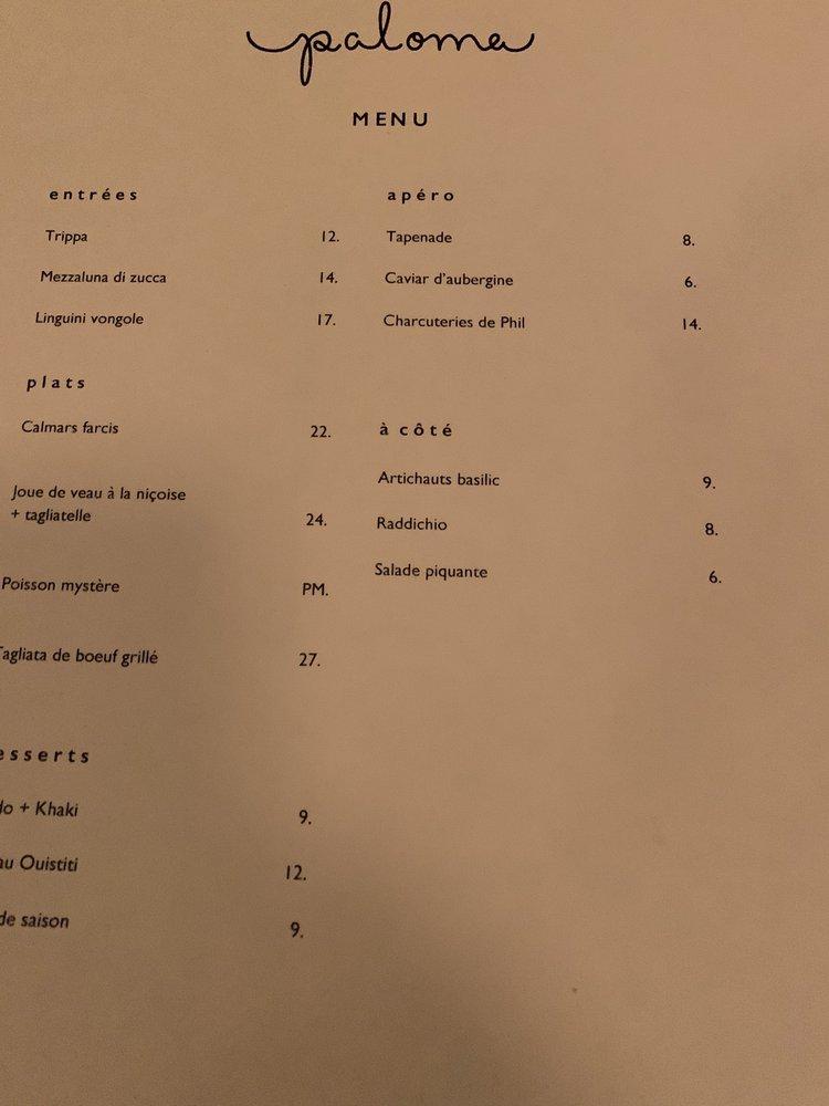Menu at Restaurant Paloma, Montréal