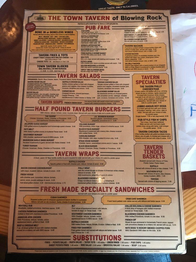 Menu at The Town Tavern pub & bar, Blowing Rock
