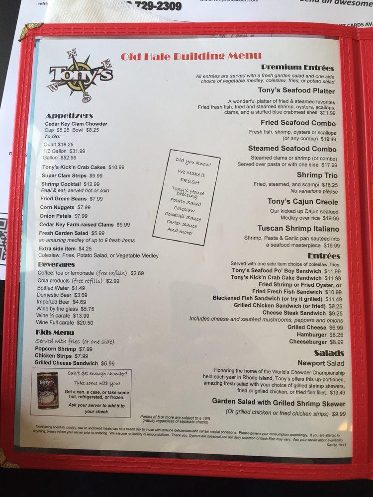 Menu at Tony's Restaurant, Cedar Key, 597 2nd St