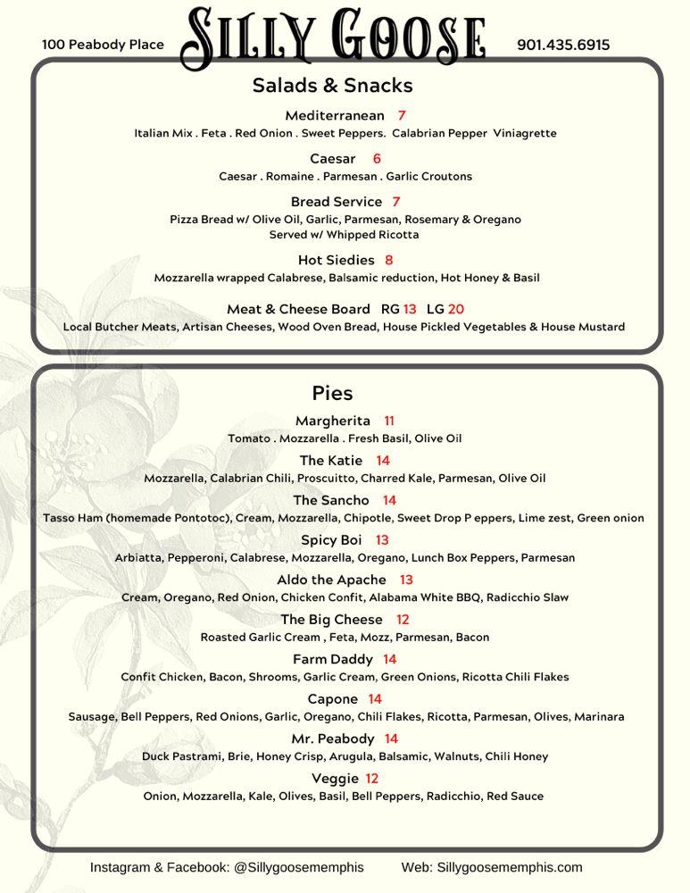 Menu at Silly Goose pub & bar, Memphis