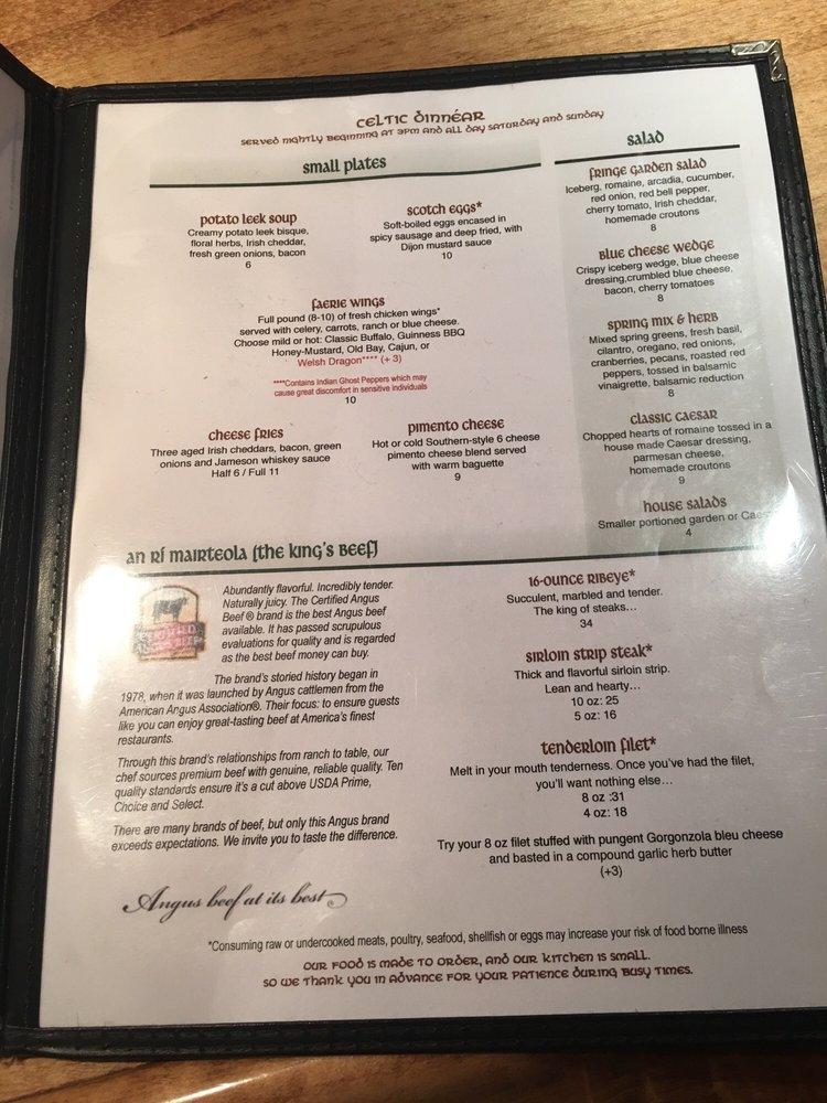 Menu at The Celtic Fringe pub & bar, Reidsville