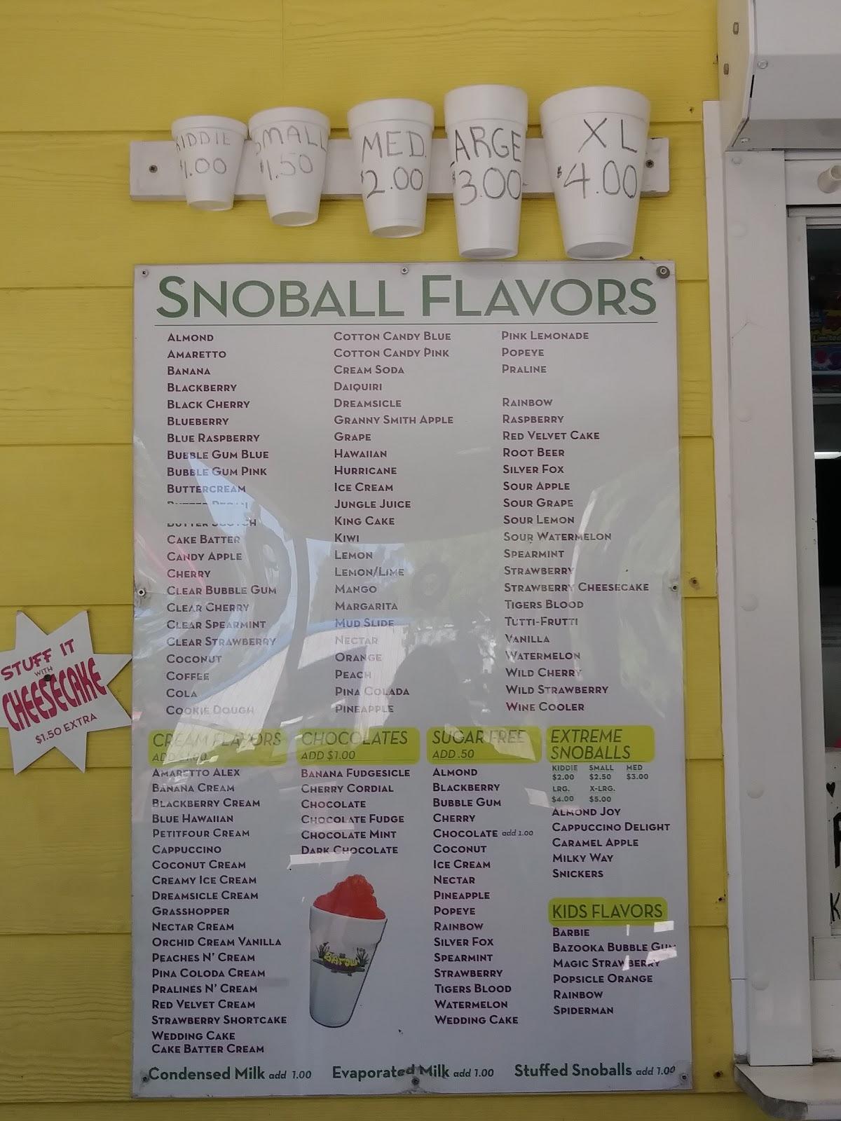Menu at Bayou Snowballs desserts, Slidell, 698 Old Spanish Trail