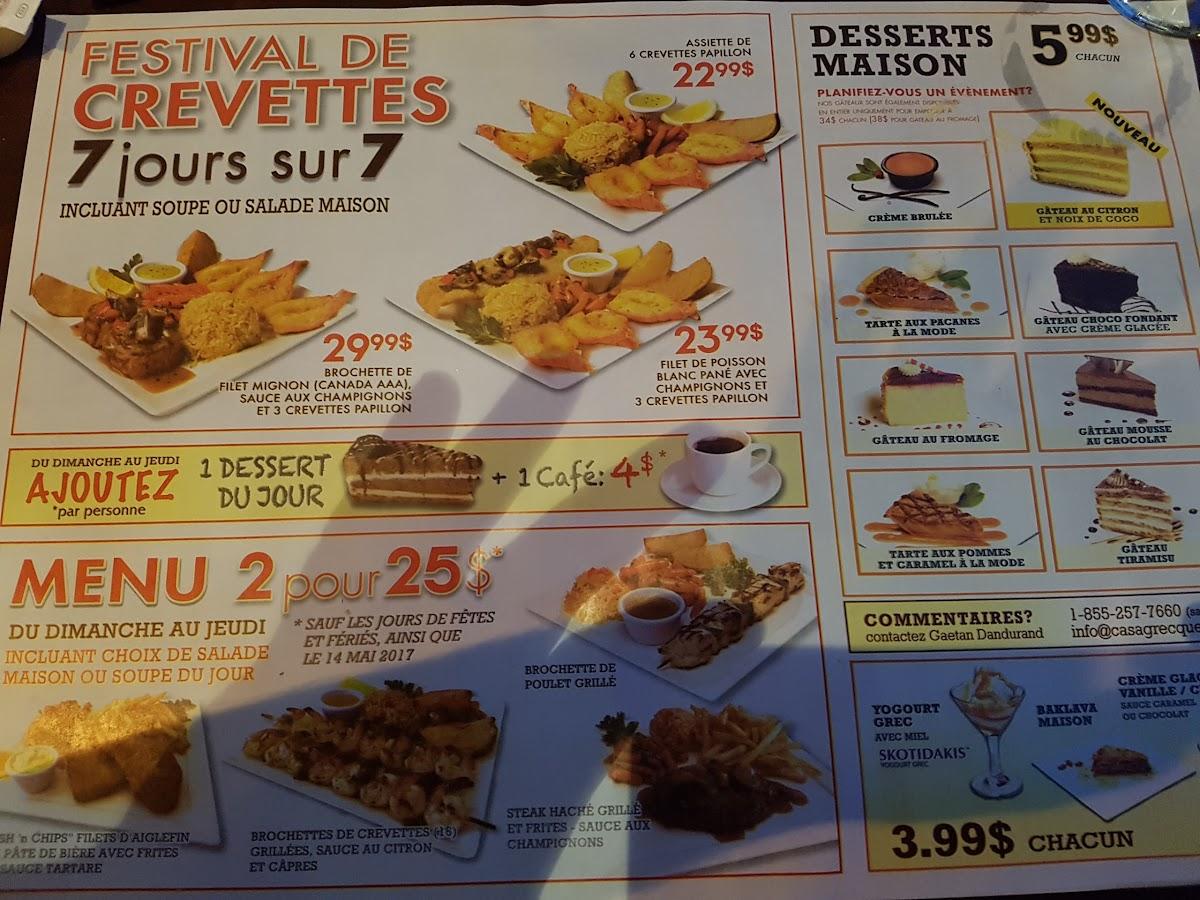 Menu au Casa Grecque restaurant, Boucherville