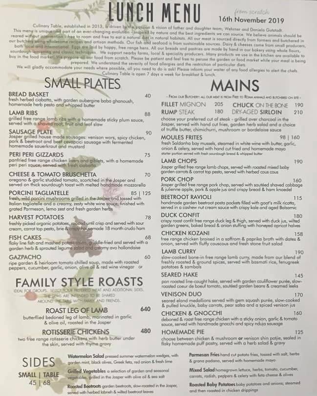 Menu at Culinary Table restaurant, Randburg, Unit 1