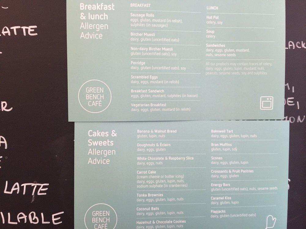 Menu at Green Bench Cafe, Dublin
