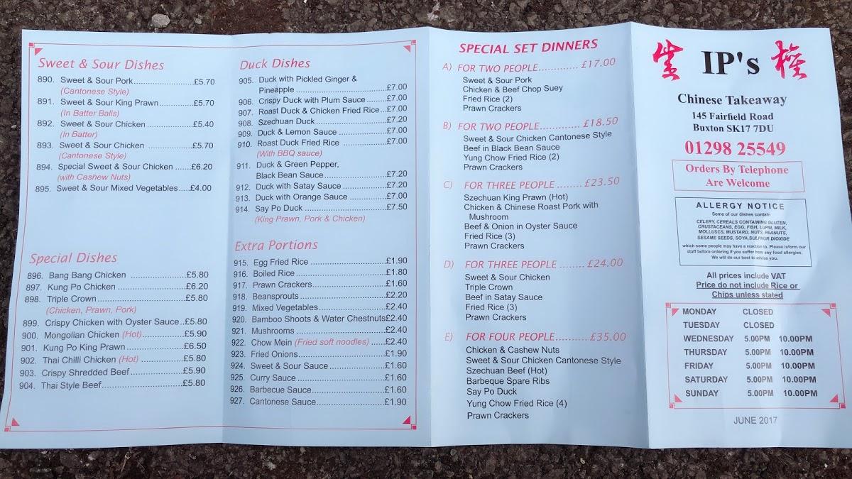 Menu at Ip's Fish & Chips restaurant, Buxton