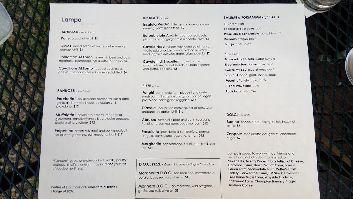 Menu at Lampo Neapolitan Pizzeria, Charlottesville